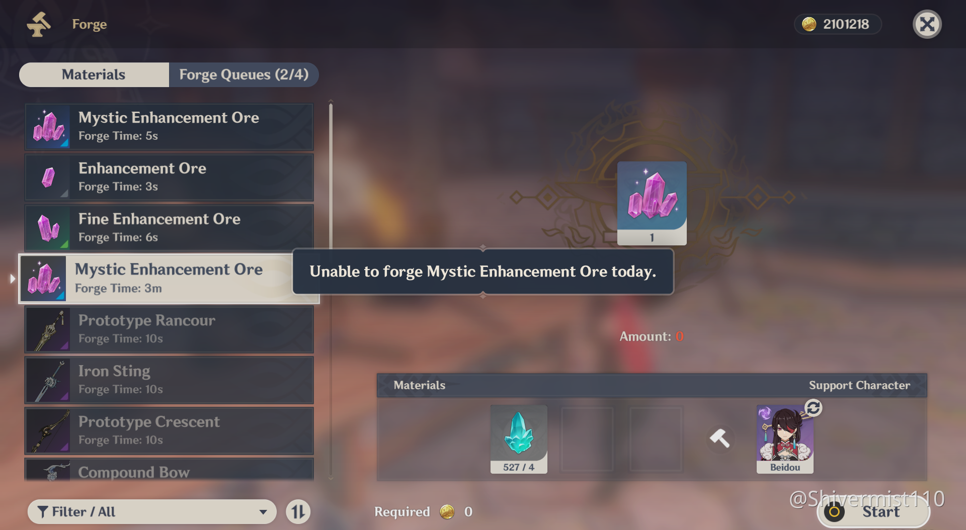 So apparently you can only forge 30 mystic enhancement ore per day ...