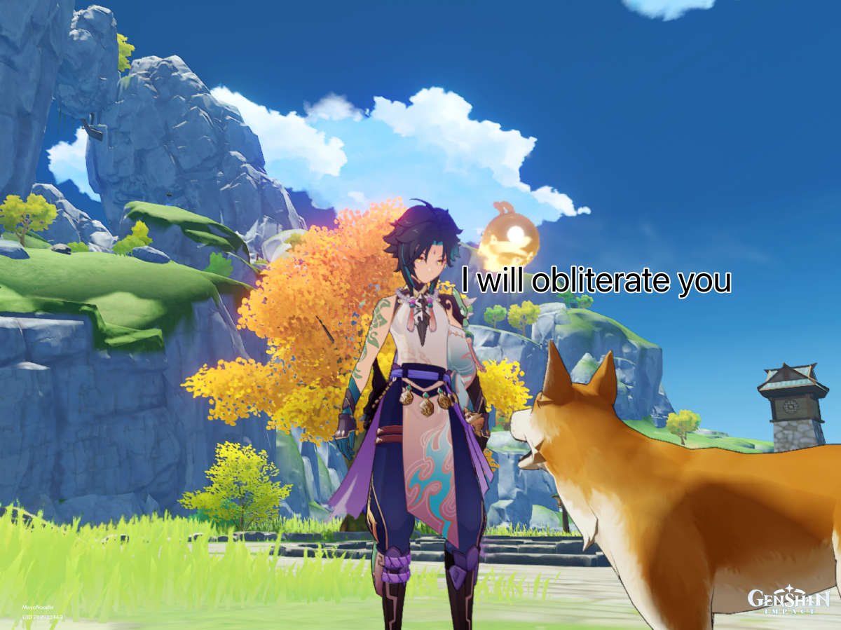 Xiao about to either pet or kick the dog. Genshin Impact | HoYoLAB