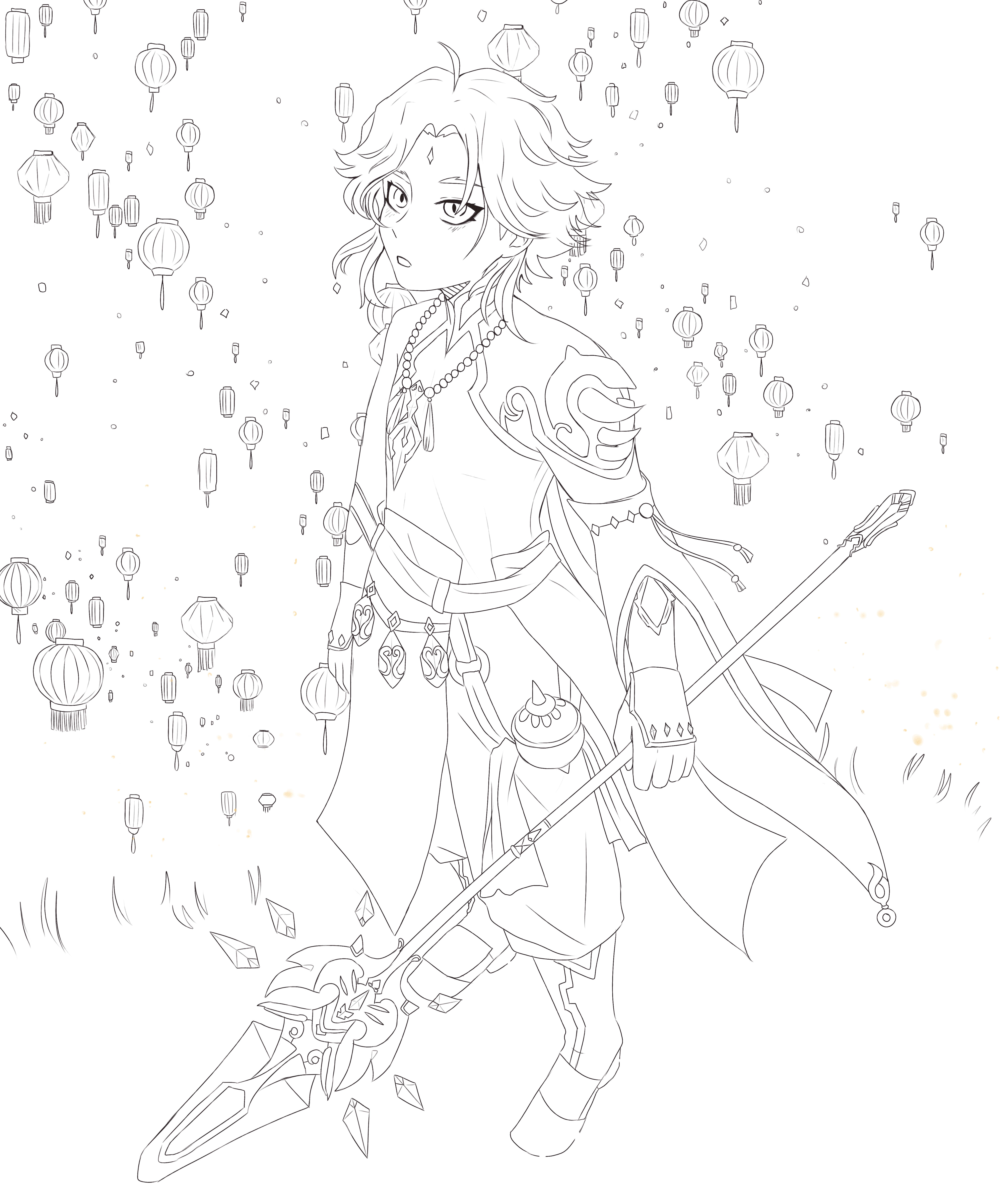 A Sea of Lights - Xiao watching lanterns over Liyue Harbor Genshin ...