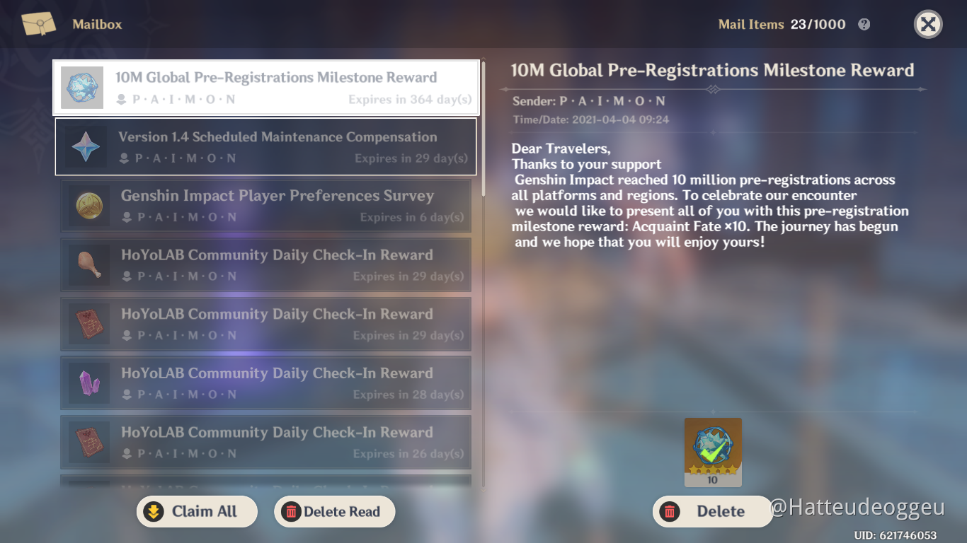 Mail rewards in different accounts Genshin Impact | HoYoLAB
