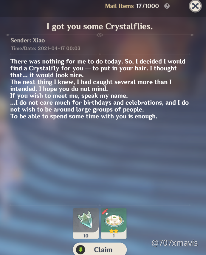 Xiao's mail Genshin Impact | HoYoLAB